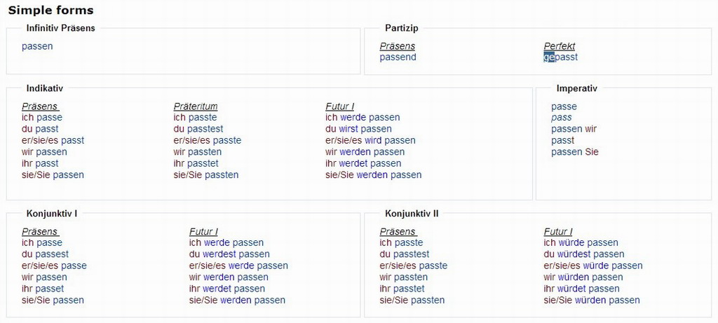 Sofisticato.ro - Verbformen von - passen